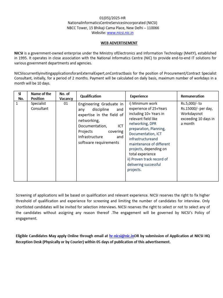NICSI Procurement Specialist Consultant Role | PDF