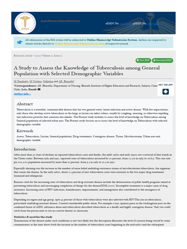 Knowledge of Tuberculosis in Urban Areas | PDF | Tuberculosis | Infection