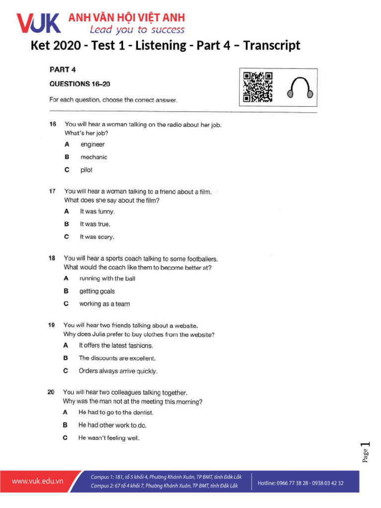 Ket 2020 - Test 1 - Listening - Part 4 - Transcript | PDF