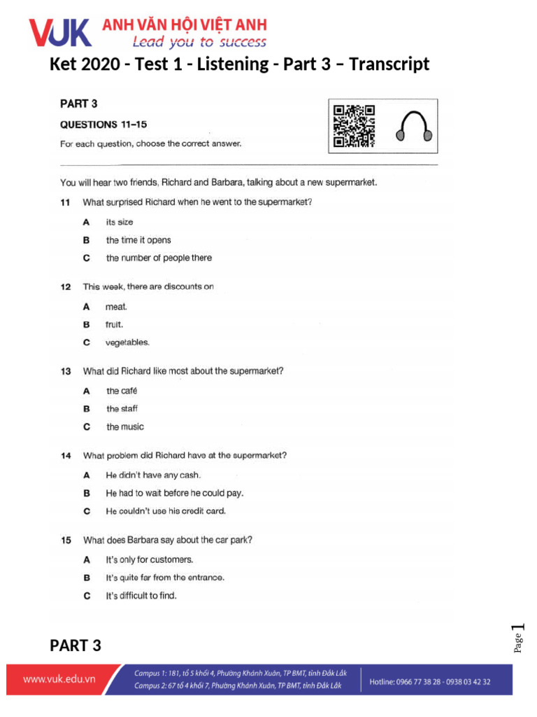Ket 2020 - Test 1 - Listening - Part 3 - Transcript | PDF