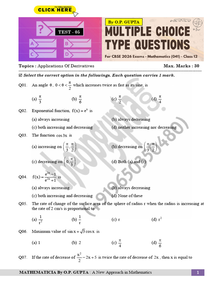 5 MCQ - Applications of Derivatives | PDF | Mathematics | Multiple Choice