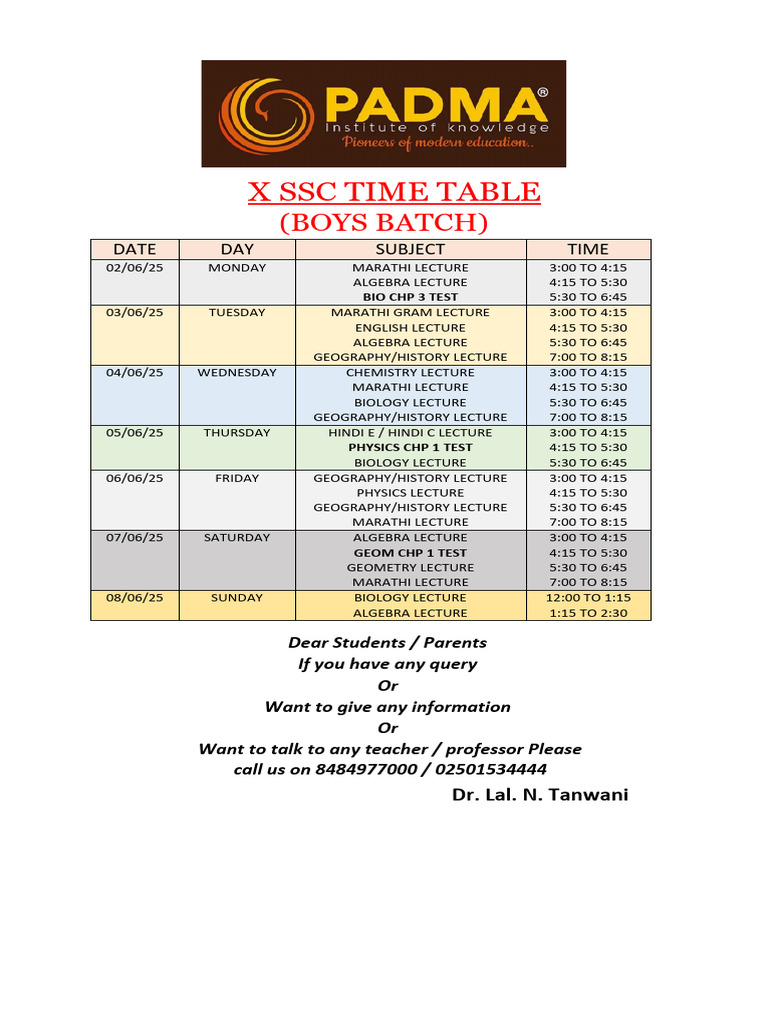 SSC Boys Batch Time Table 2025 | PDF