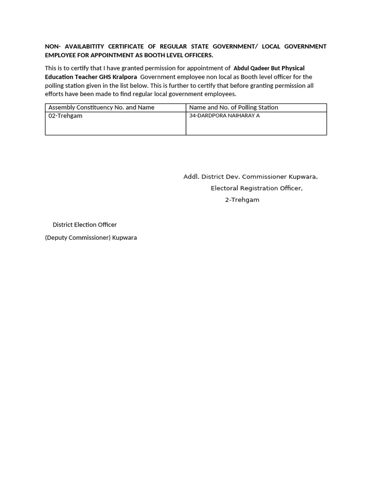 Non-Availability Certificate for Booth Officers | PDF