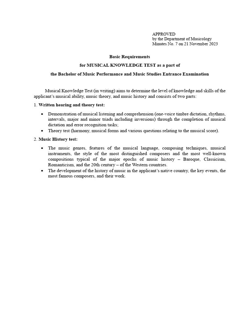 Musical Knowledge Test Requirements | PDF