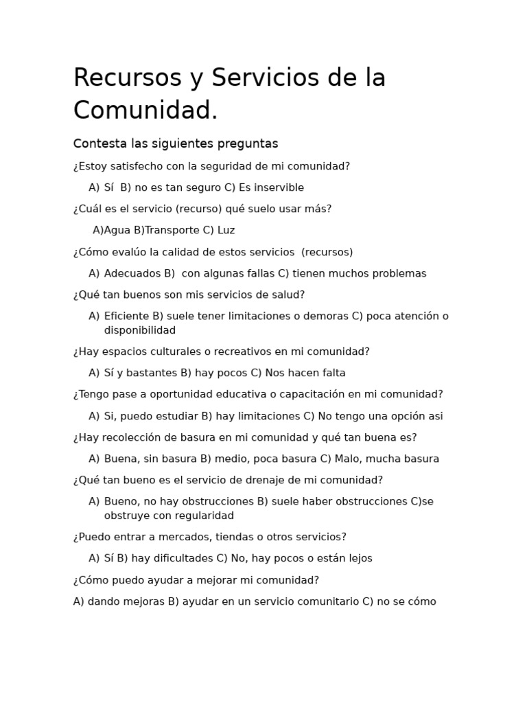 Recursos y Servicios de La Comunidad.: Contesta Las Siguientes ...