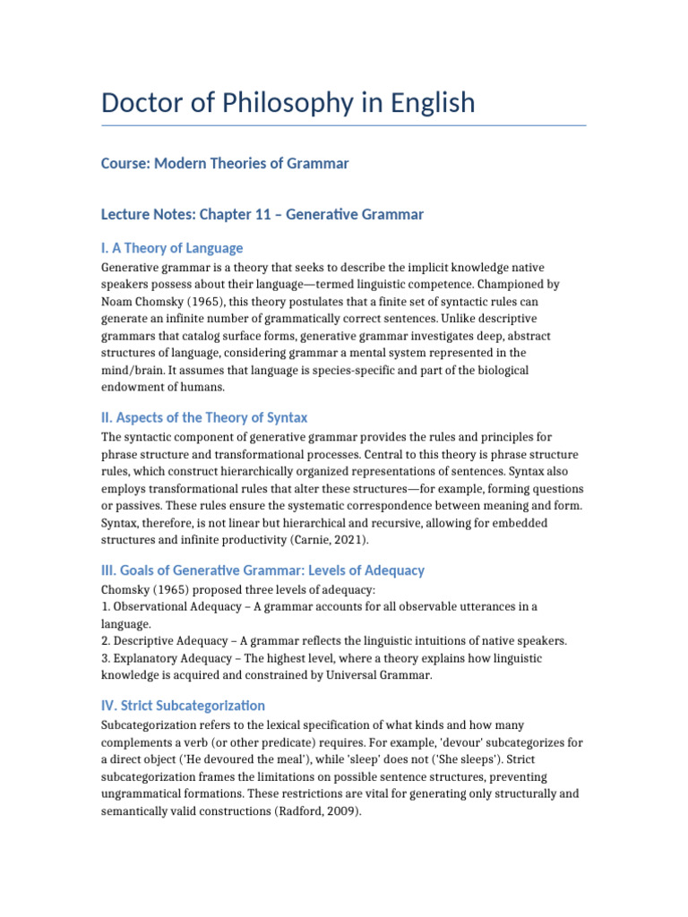 Generative Grammar Lecture Notes Pdf Syntax Subject Grammar