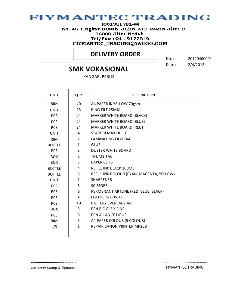 SMK Vokasional: Delivery Order | PDF | Technology & Engineering