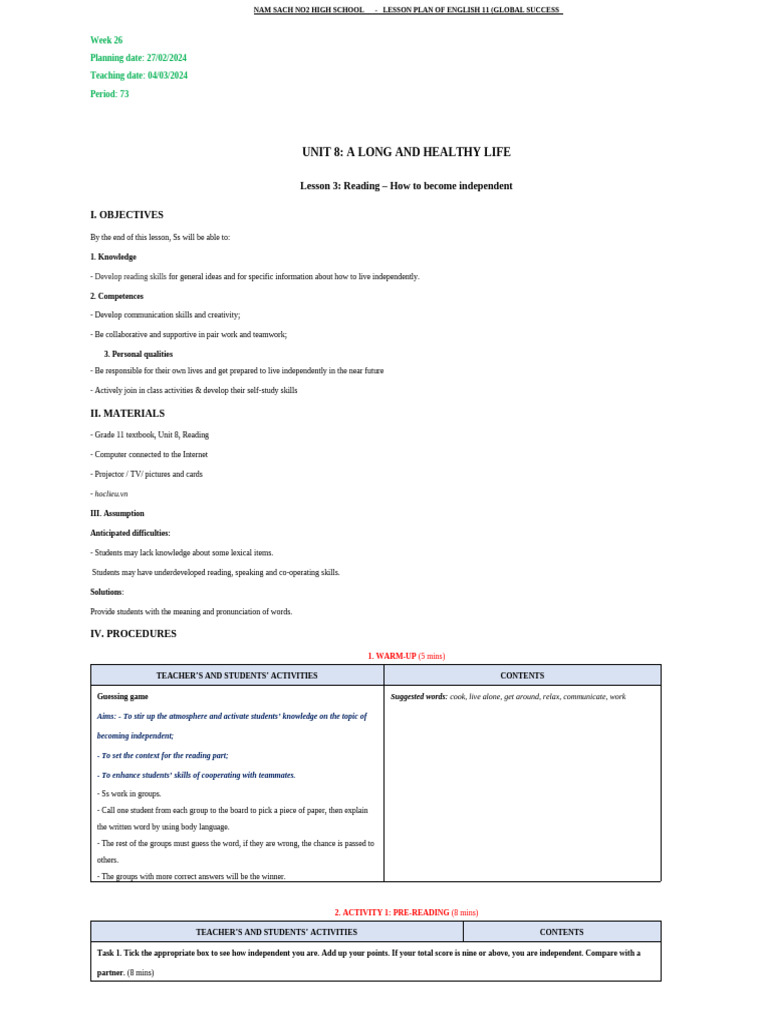 English 11 Lesson Plan: Independence Skills | PDF | Lesson Plan ...