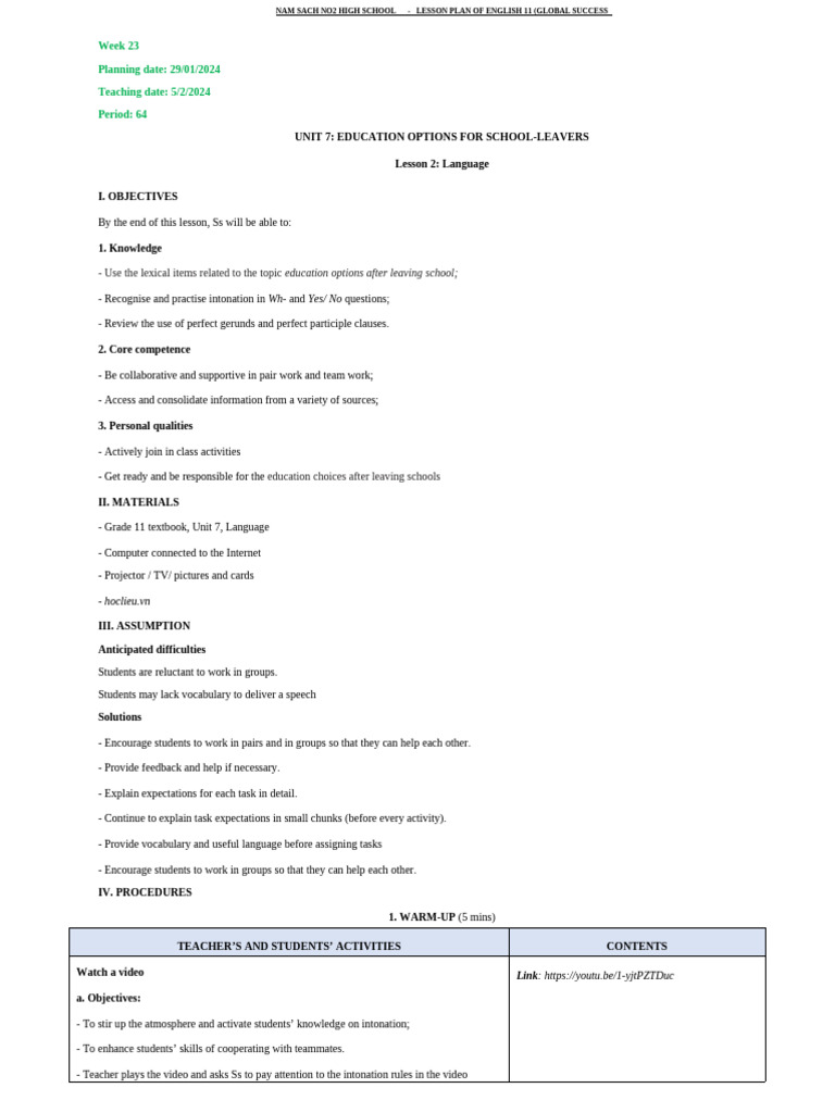 Thập Week 23 - Lesson Plan e 11 | PDF | Teachers | Lesson Plan