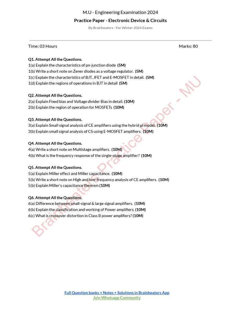 EDC Sem3 Extc Practise Paper | PDF | Amplifier | Bipolar Junction ...