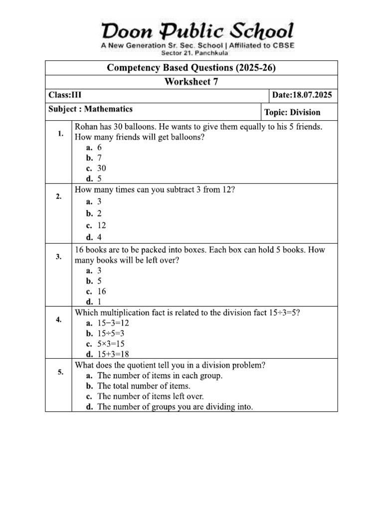 Mathematics Class III Worksheet 7 | PDF
