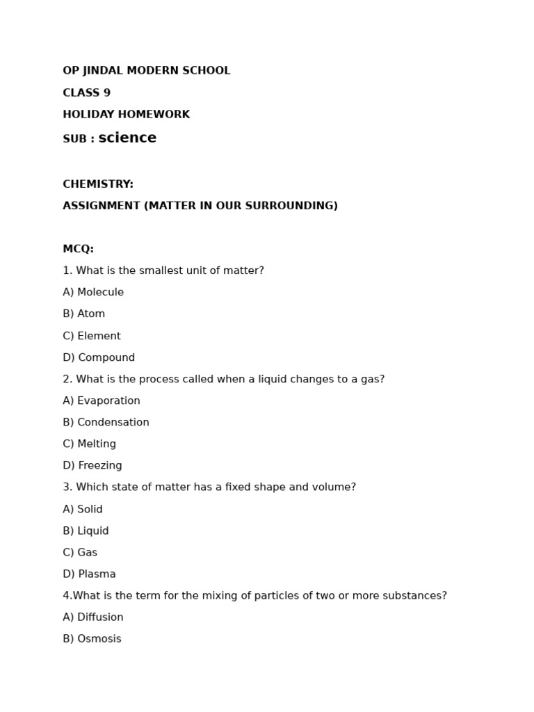 Class 9 Science Holiday Homework | PDF | Gases | Liquids