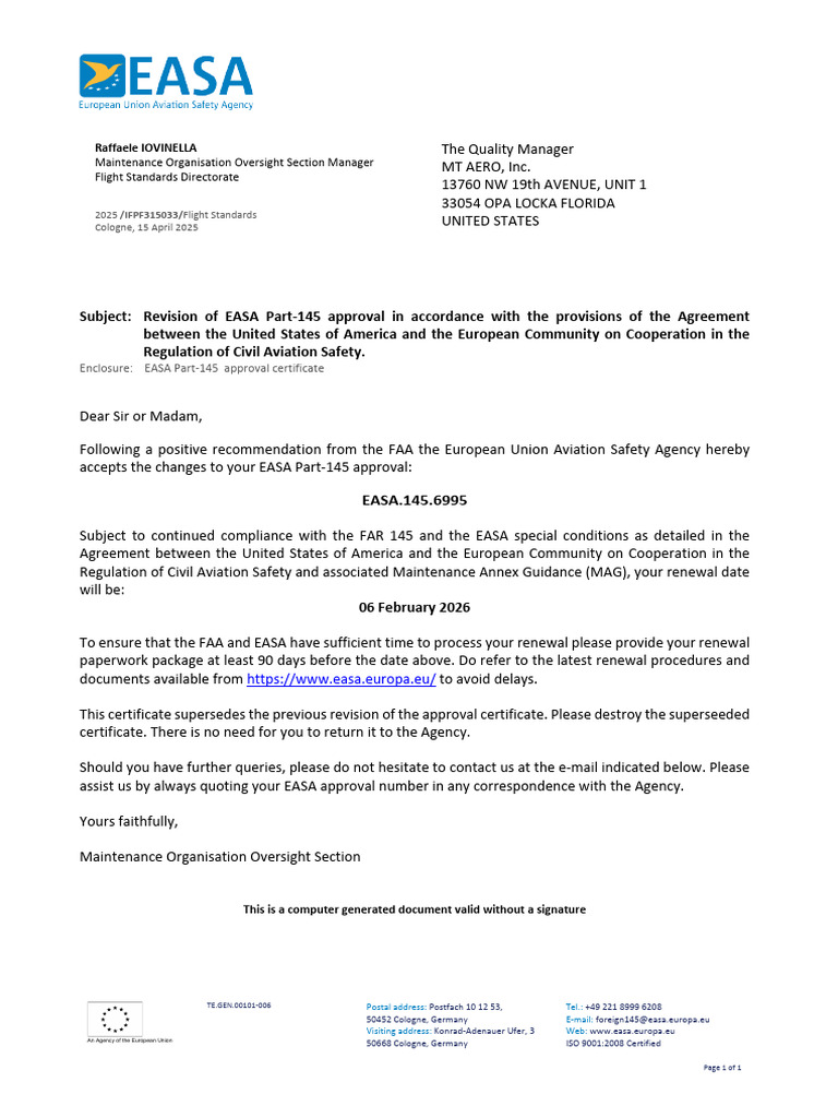 EASA Approval Renewal for MT Aero, Inc. | PDF | Aviation