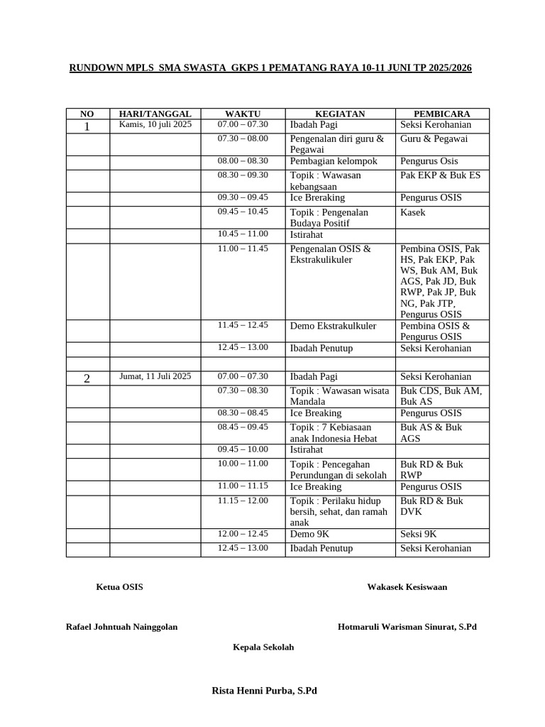 Rundown Mpls Sma Swasta Gkps 1 Pematang Raya 10-11 Juni 2025 | PDF