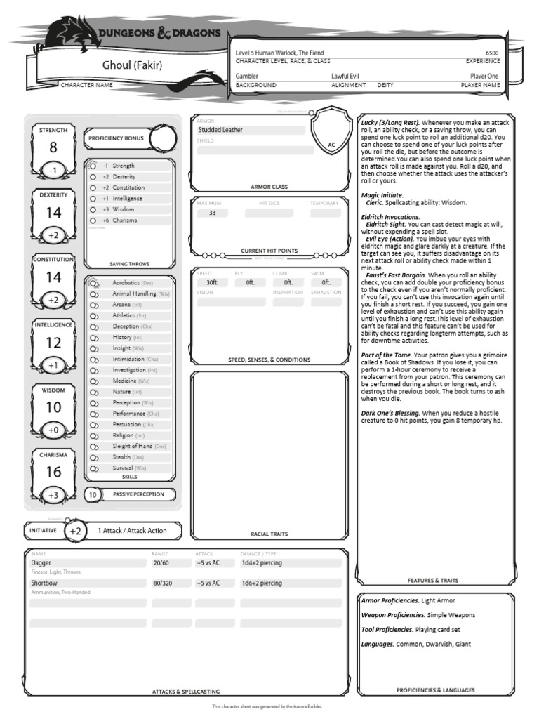 Ghoul Warlock Character Sheet | PDF | Dungeons & Dragons