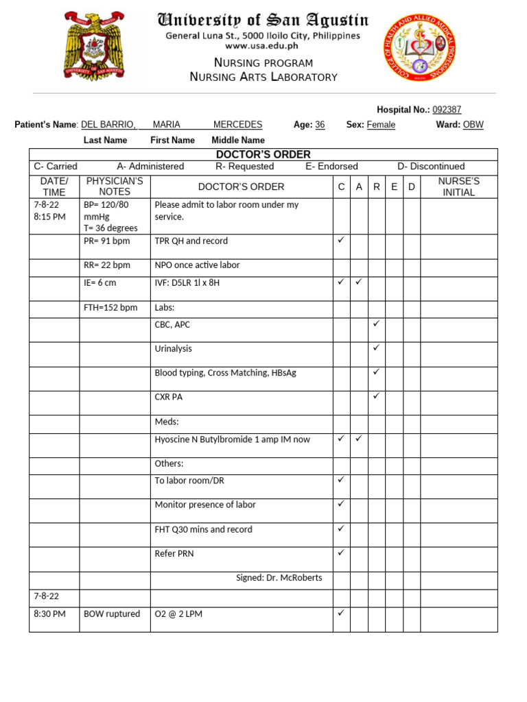 Nursing Orders and Patient Care Log | PDF | Health Care | Medicine