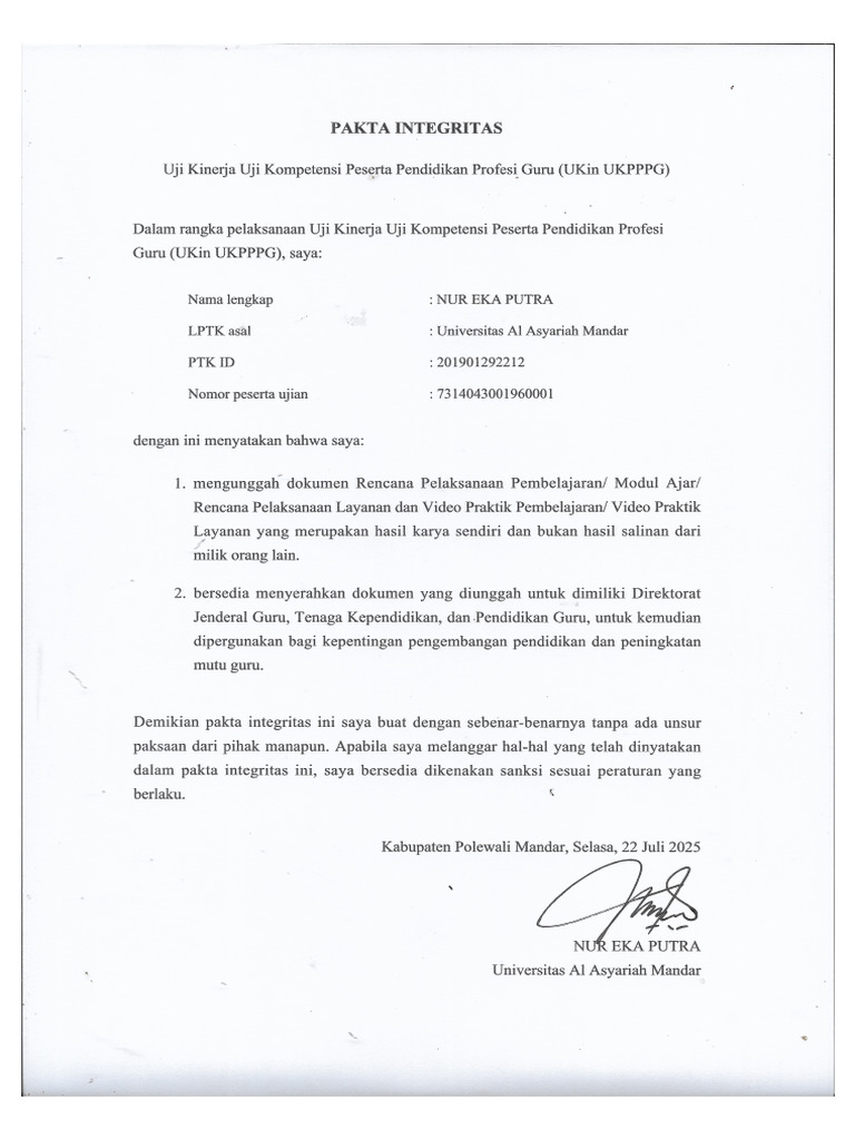 Pakta Integritas Nur Eka Putra Pdf