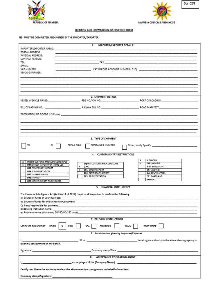 Namibia Customs Clearing Form | PDF | Customs | Freight Transport