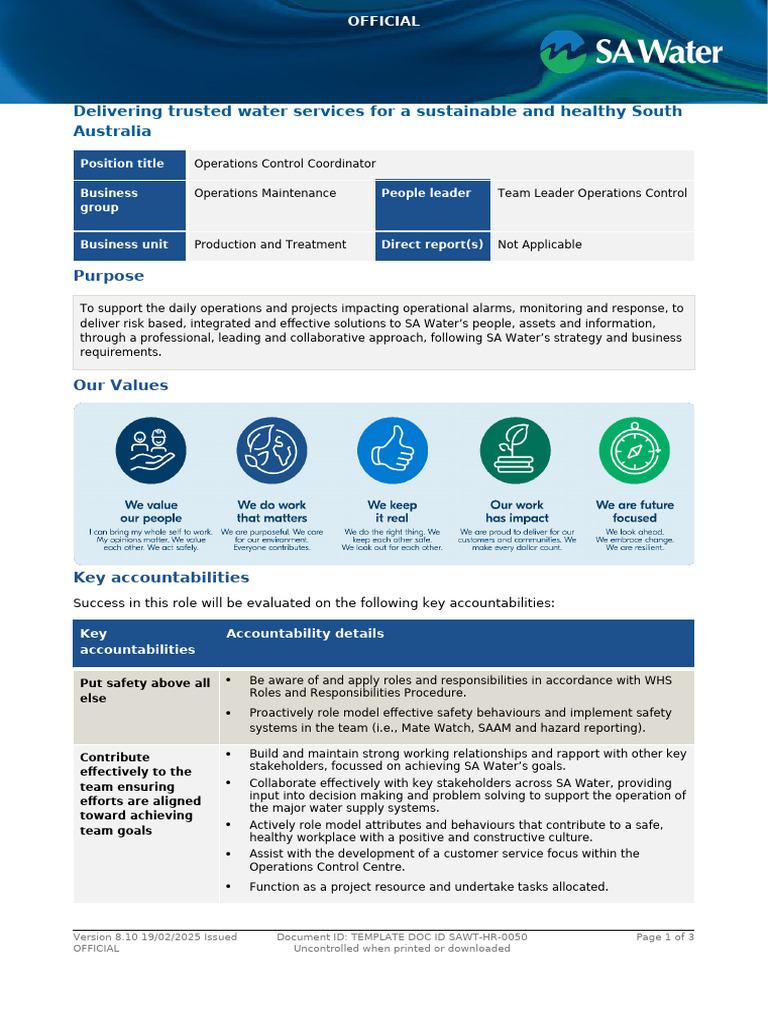 Operations Control Coordinator Role at SA Water | PDF | Regulatory ...