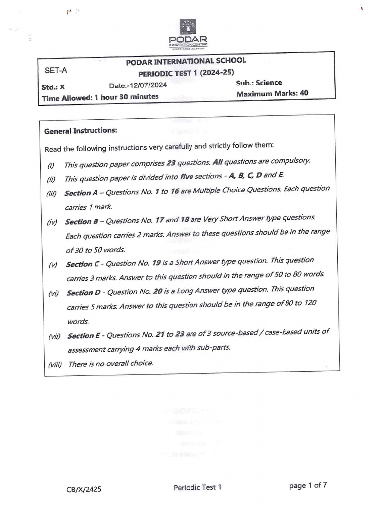 Class X - Pt-1 Question Papers | PDF