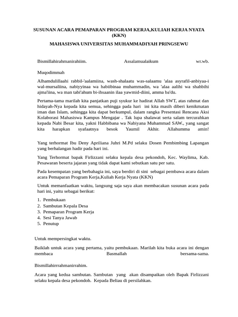 TEKS - PEMBAWA - ACARA Pemaparan Program Kerja KKN | PDF