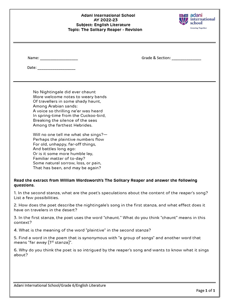 The Solitary Reaper Revision Sheet | PDF