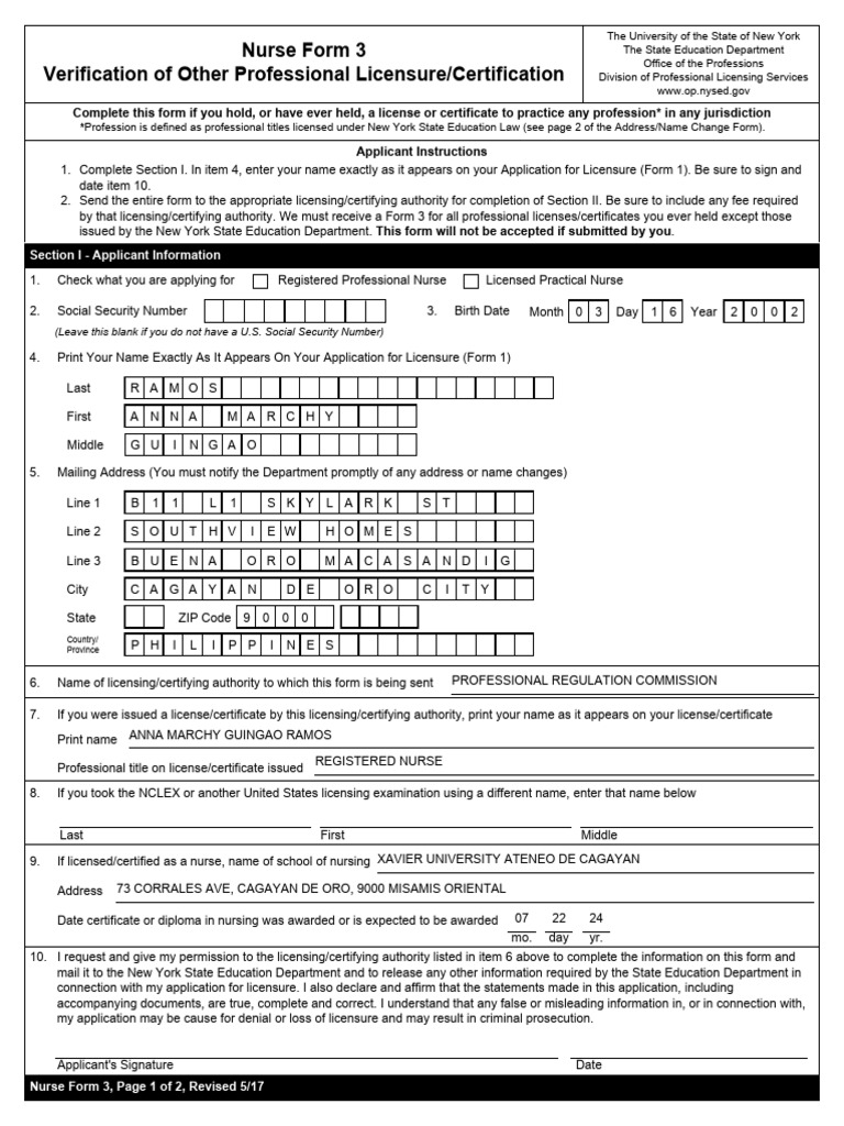 Nurse 3F Form | PDF | National Council Licensure Examination ...
