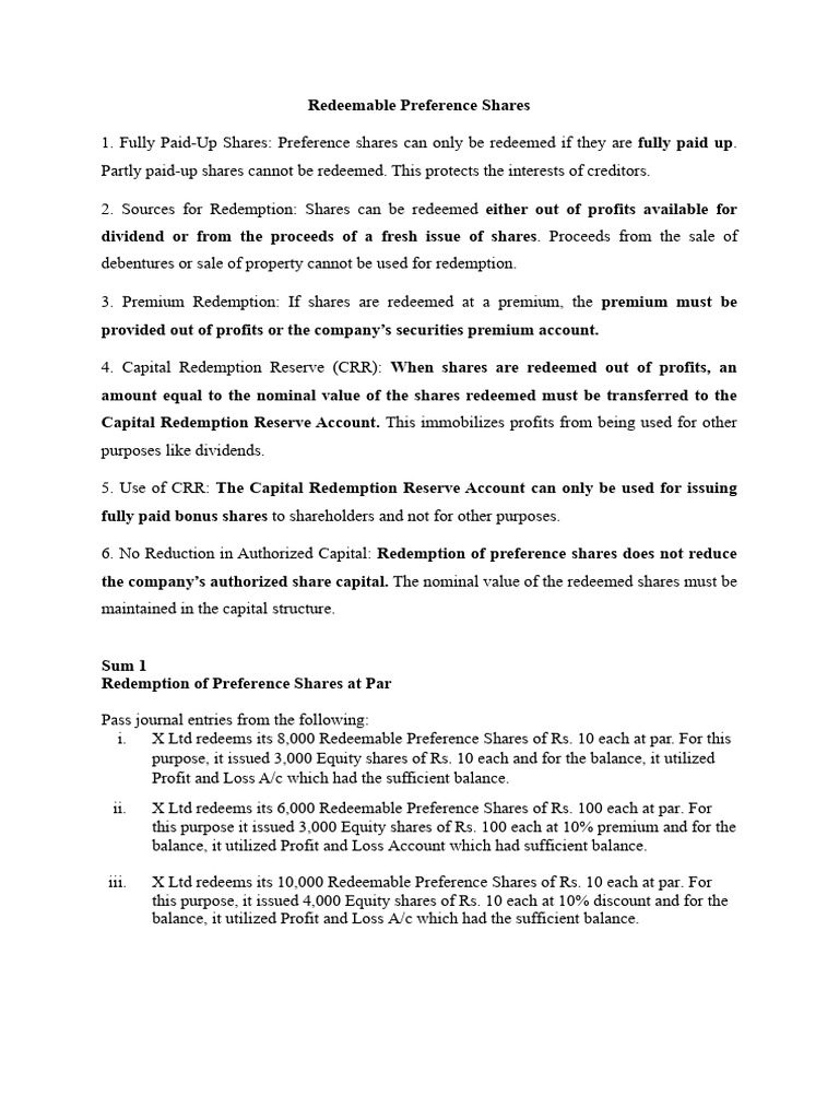 Redemption of Preference Shares - Sums | PDF | Preferred Stock | Share (Finance)