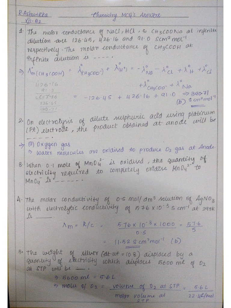 Electrochemistry (MCQ Ans) | PDF