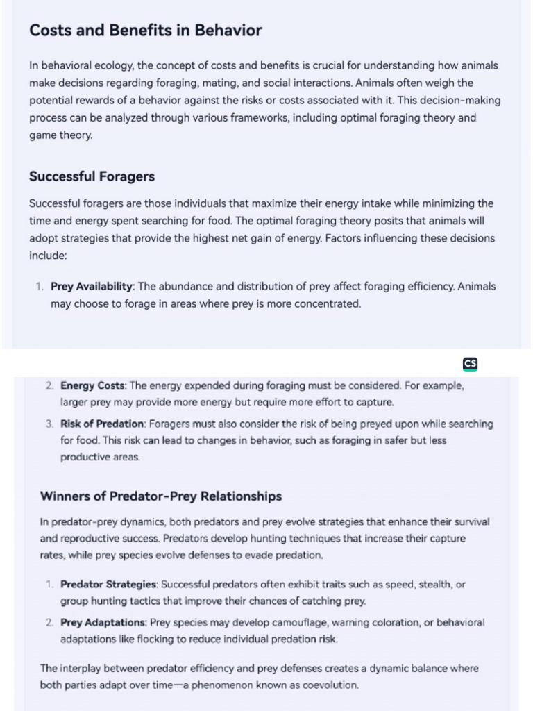 Costs and Benefit Ratios in Behavior Successful Foragers and Winners of Predator-Prey ...