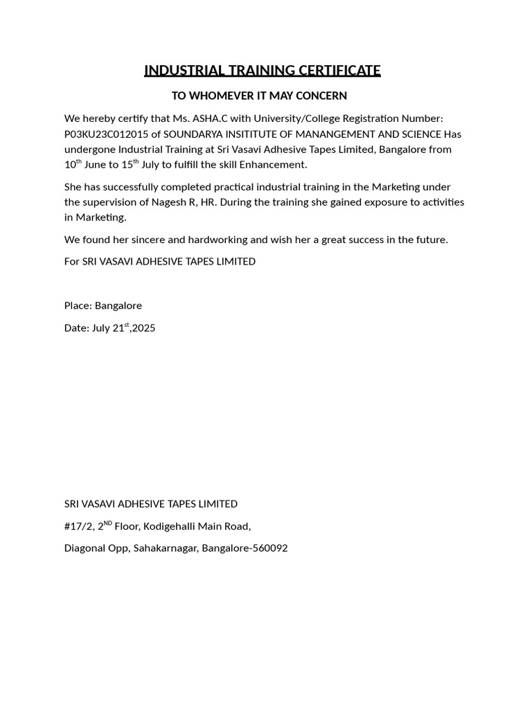 Industrial Training Certificate | PDF