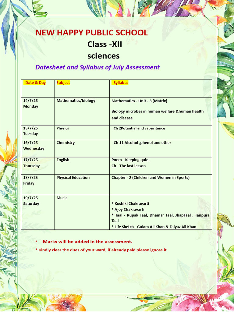 12 Date Sheet Non Med | PDF