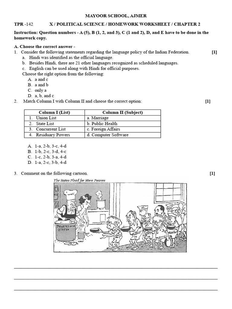 CH 2 Federalism Worksheet Class 10 | PDF