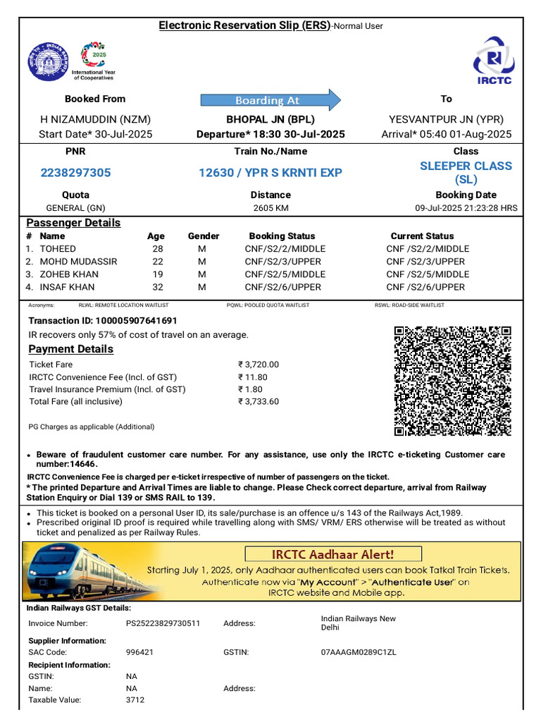 Ypr S Krnti Exp Sleeper Class (SL) : Electronic Reservation Slip (ERS ...