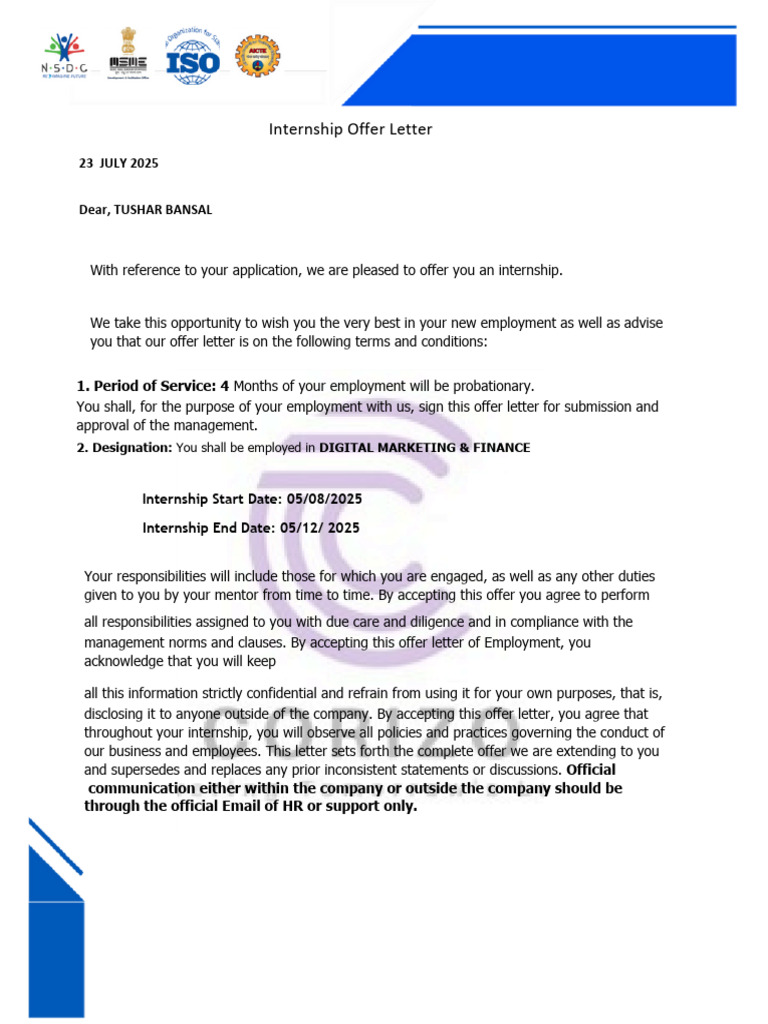 Tushar Offer Letter PDF | PDF