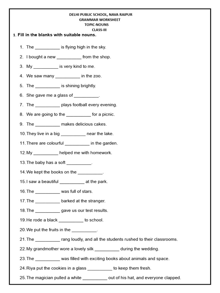 Noun Fill-in-the-Blank Worksheet | PDF