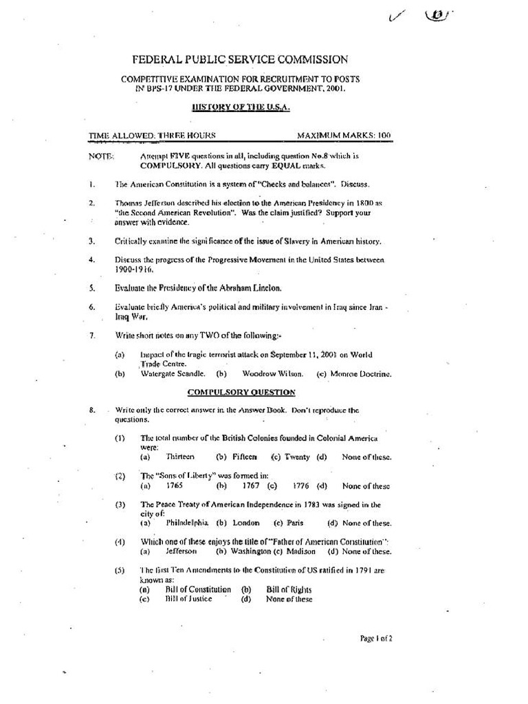 CSS Past Papers History of USA 2001 To 2020 | PDF | The United States ...