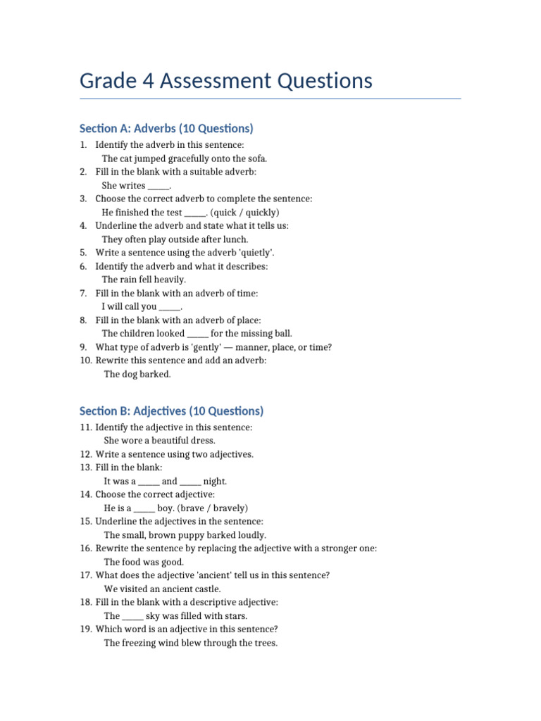 Grade 4 Language Skills Assessment | PDF | Adverb