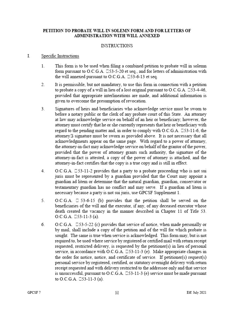 GPCSF 7 Petition To Probate Will in Solemn Form and For Letters of Administration With Will ...