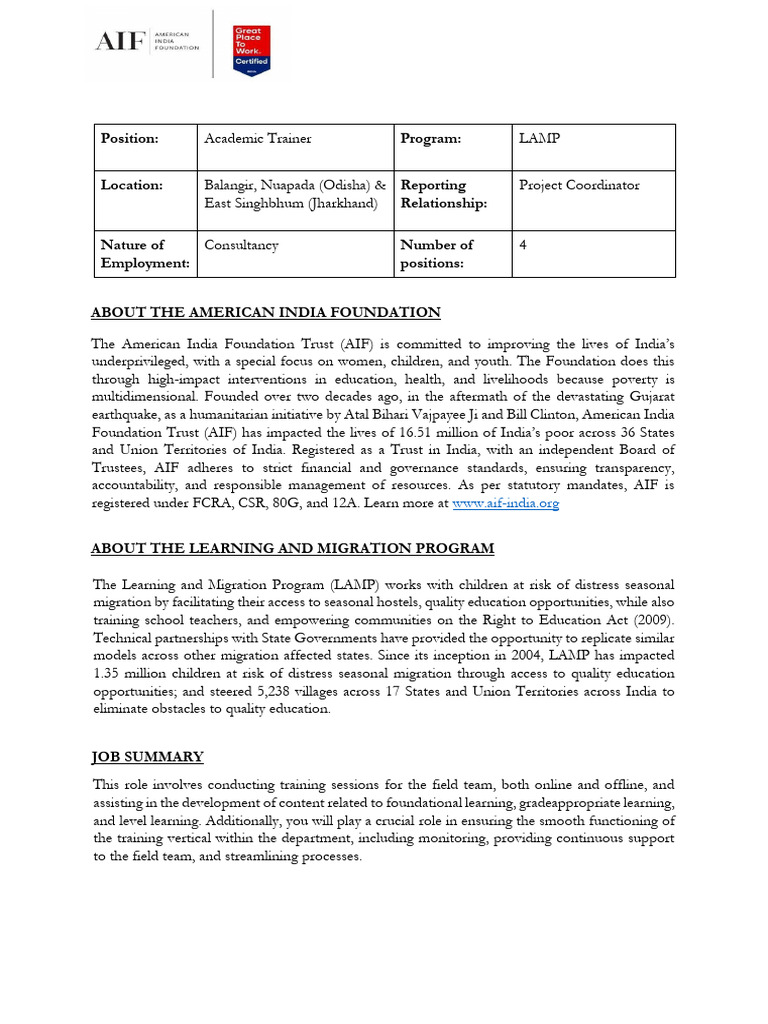 Academic Trainer Position for LAMP Program | PDF | Educational ...