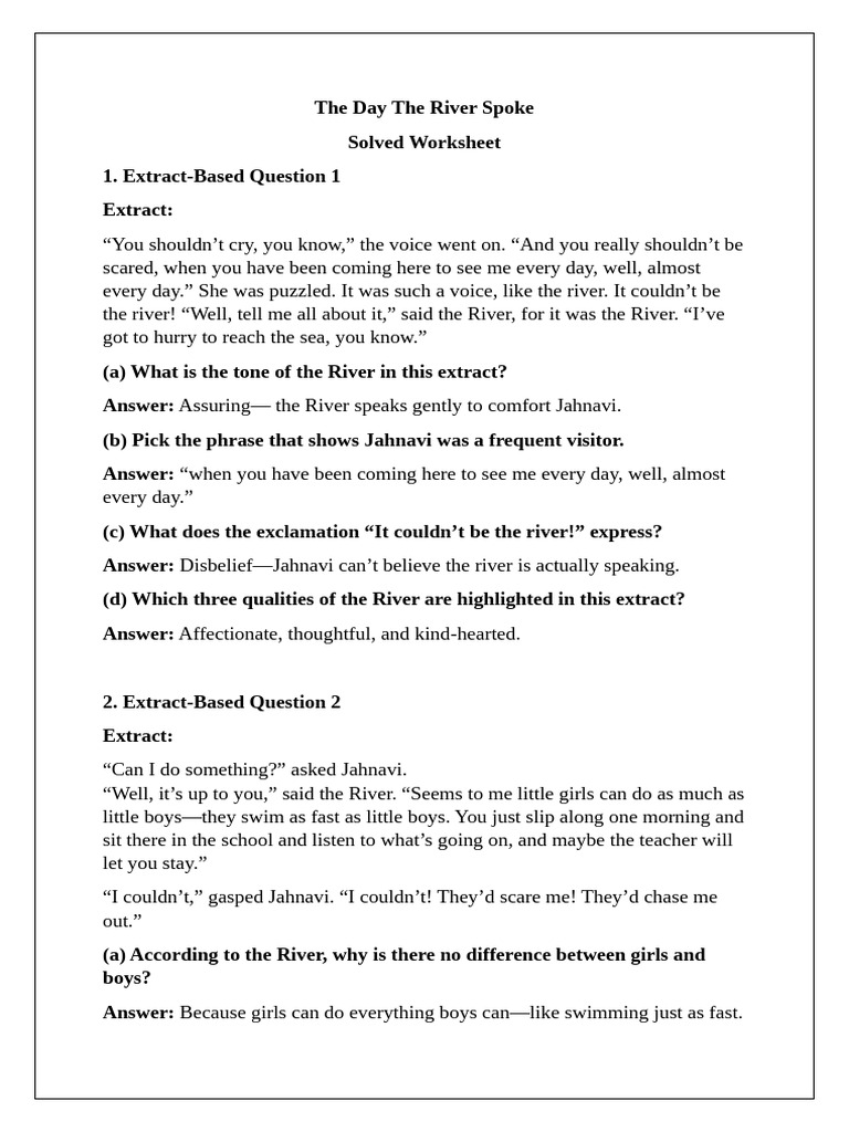 Insp C - Worksheet - The Day The River Spoke | PDF