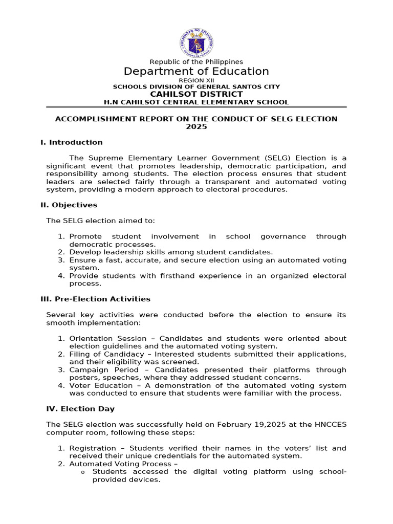 Accomplishment Report On The Conduct of Selg Election 2025 | PDF ...