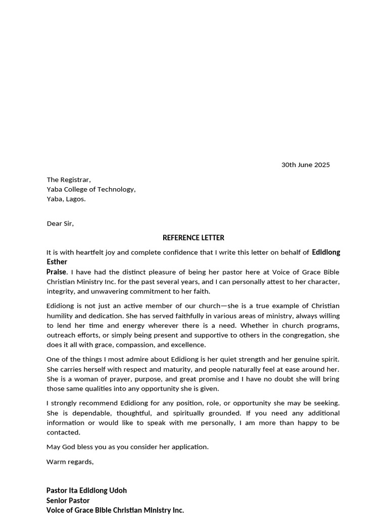 Reference Letter for Edidiong Praise | PDF