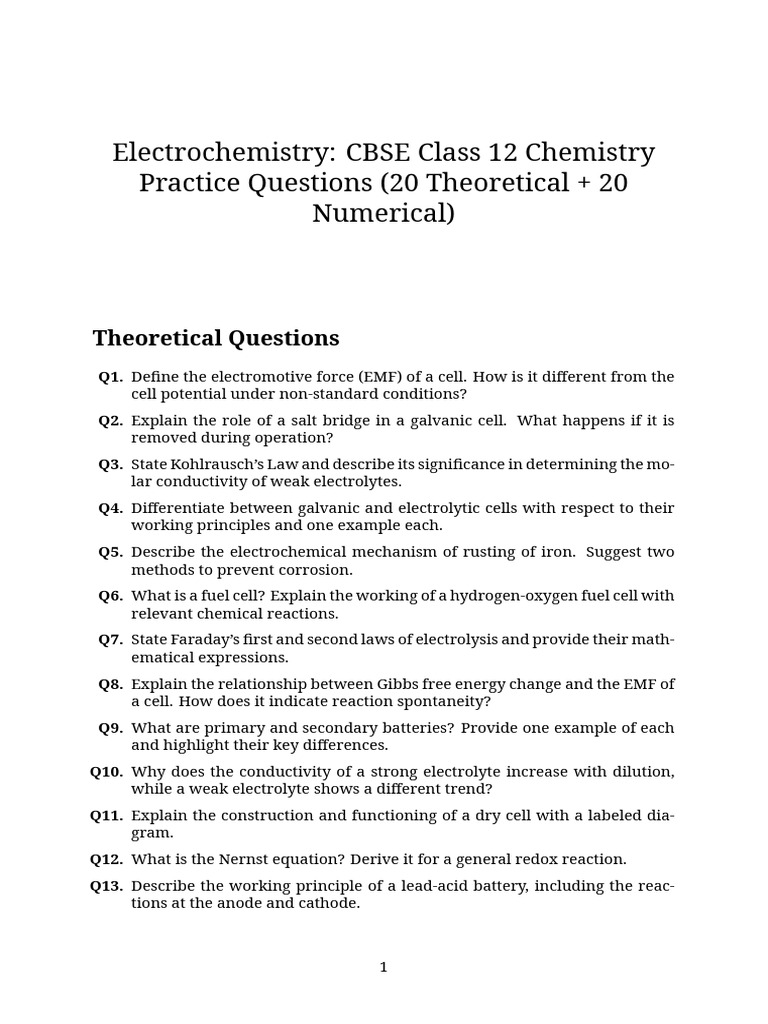 Electrochemistry Practice Questions for CBSE 12 | PDF ...