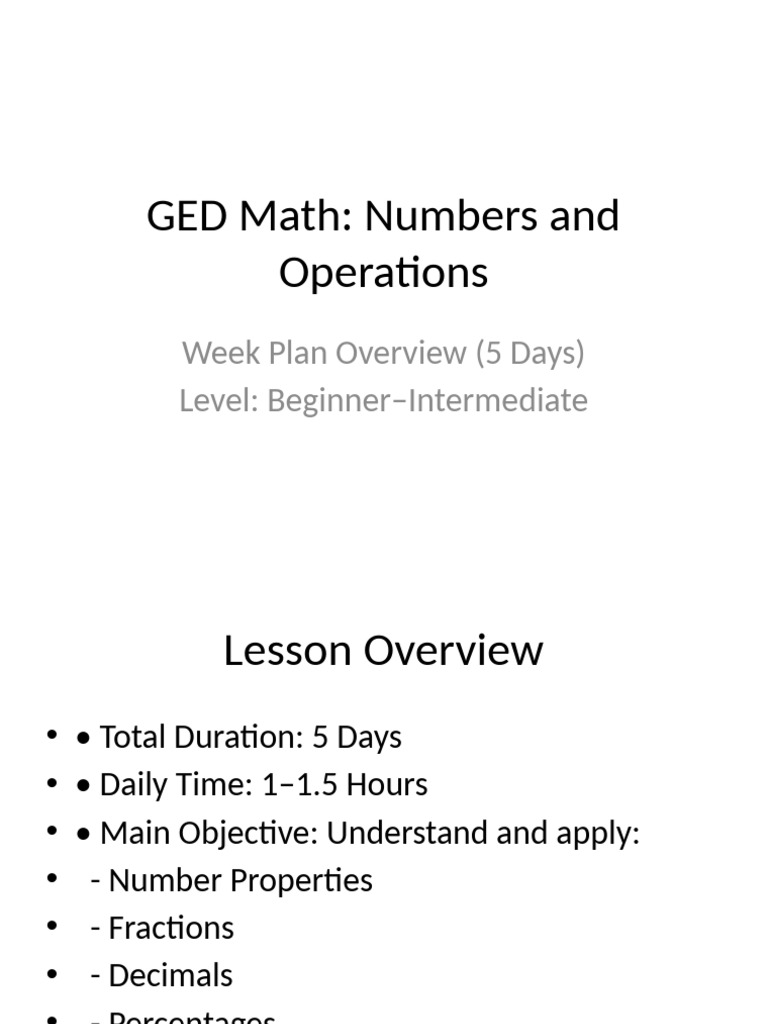 GED Math Numbers and Operations Week Plan | PDF