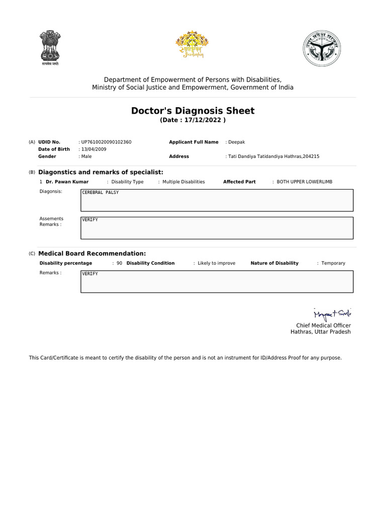 Doctor's Diagnosis Sheet for Disability | PDF