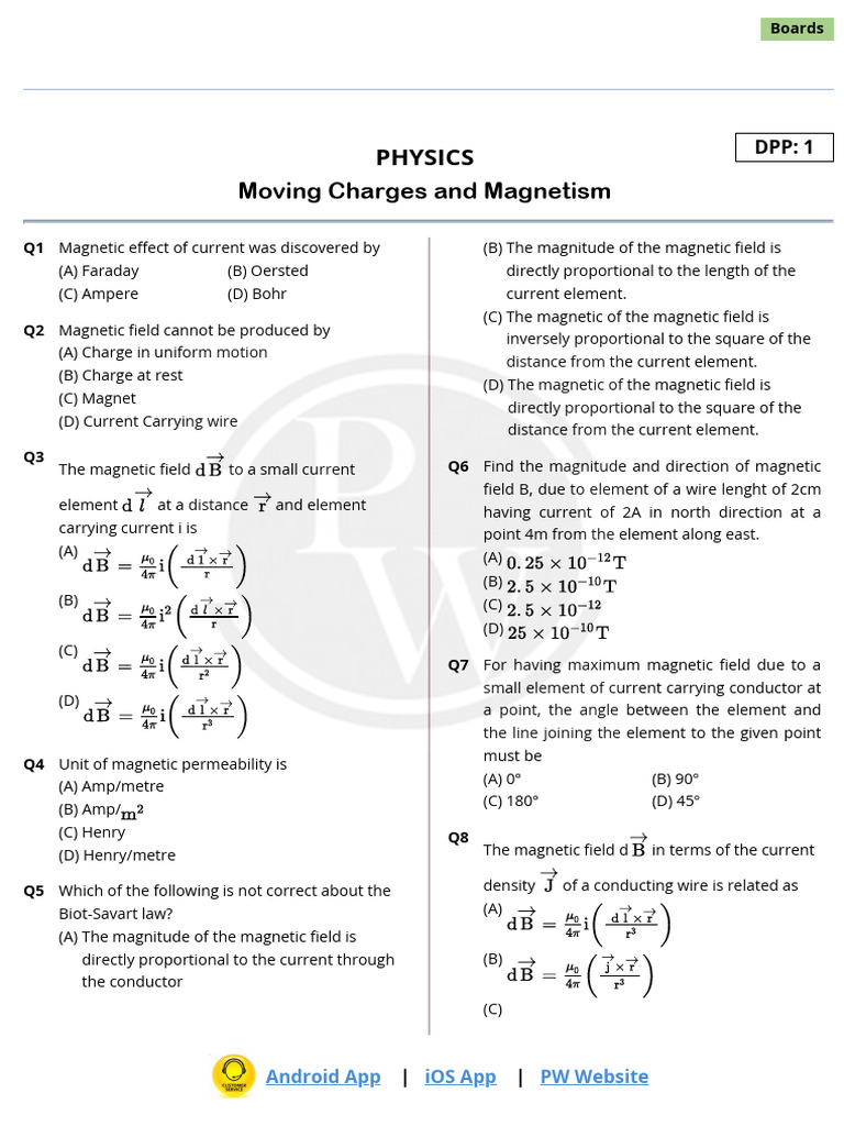 6859a4350e766935fc4991d5 - ## - Moving Charges and Magnetism: DPP 01 - Parishram 2026 | PDF ...