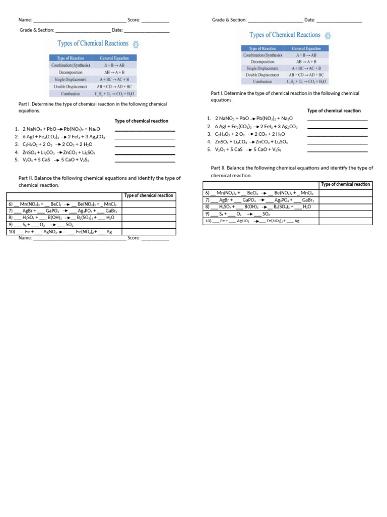 Balancing and Type of Chem Reaction Quiz | PDF | Chemistry | Unit Processes