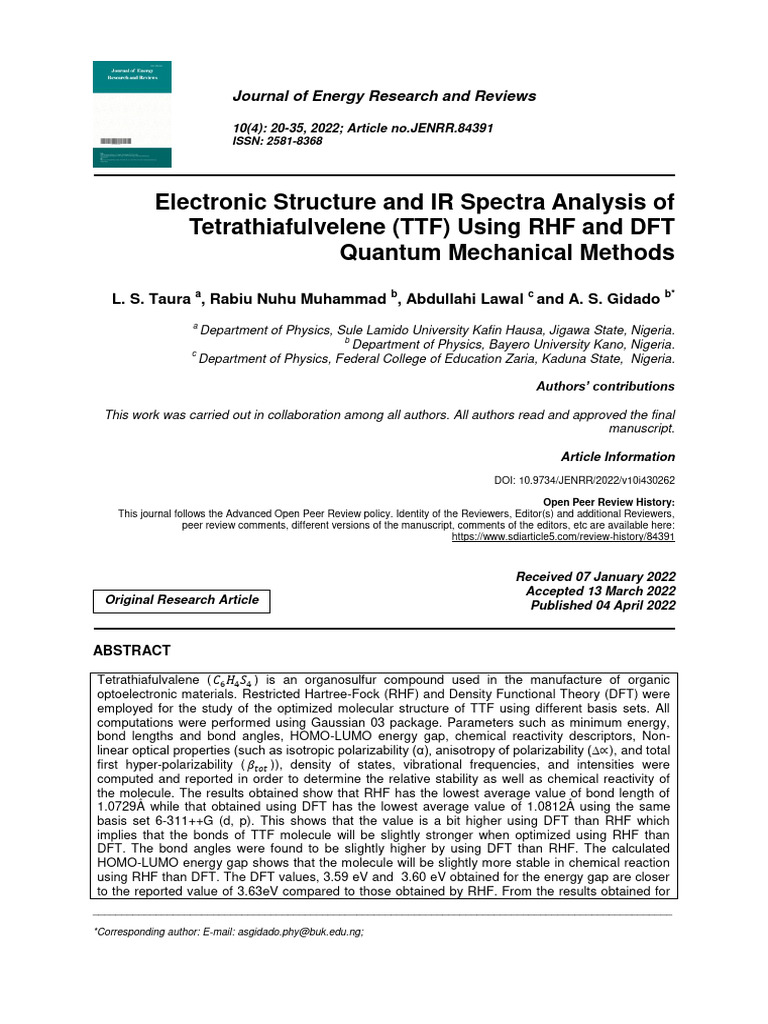 Tetrathiafulvalene: DFT & RHF Analysis | PDF | Chemical Bond | Hartree ...