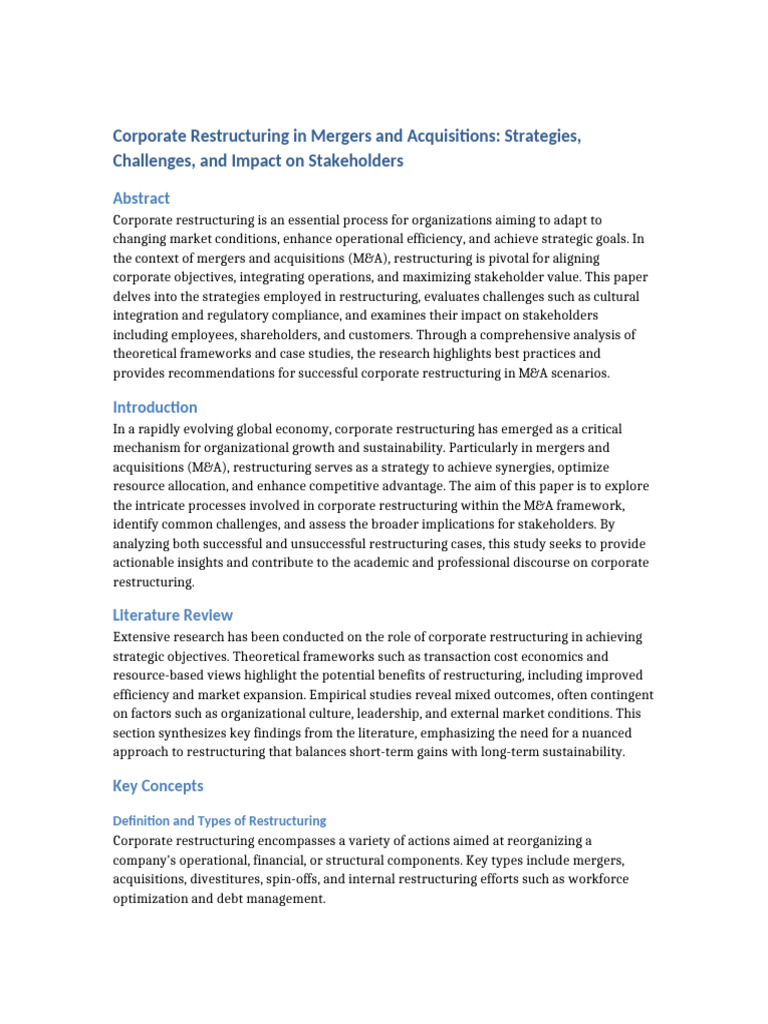 Corporate Restructuring in M&A Strategies | PDF | Mergers And ...